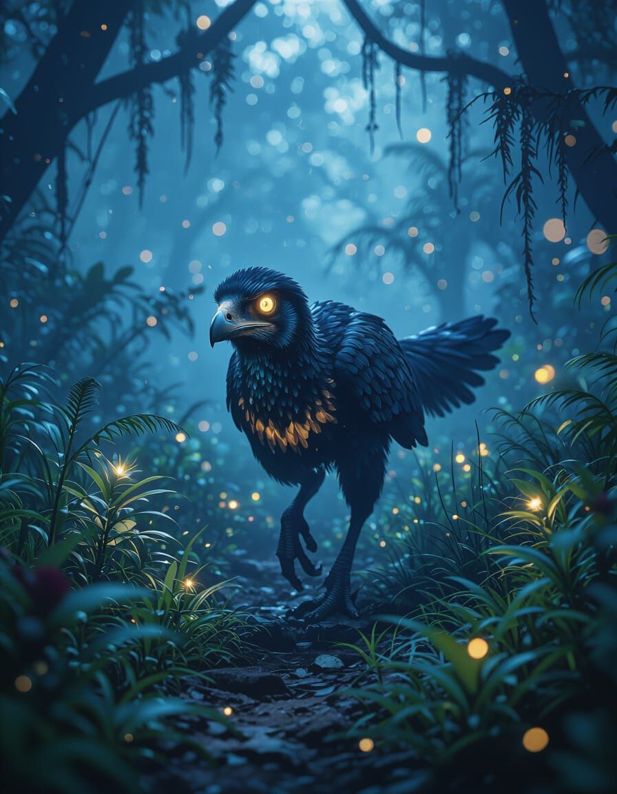 A breathtaking realistic 3D render of a bioluminescent prehistoric ...