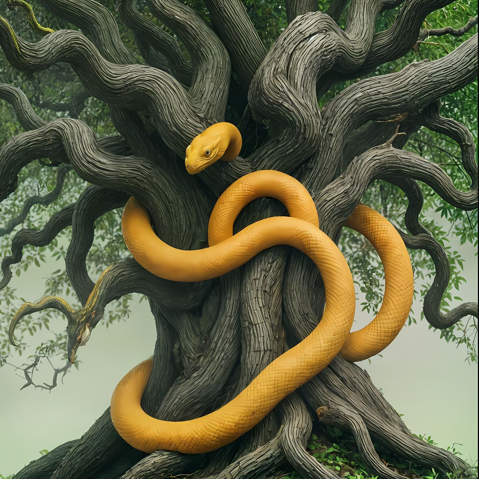 Sacred serpent of knowledge grasping on to the last tree of wisdom ...