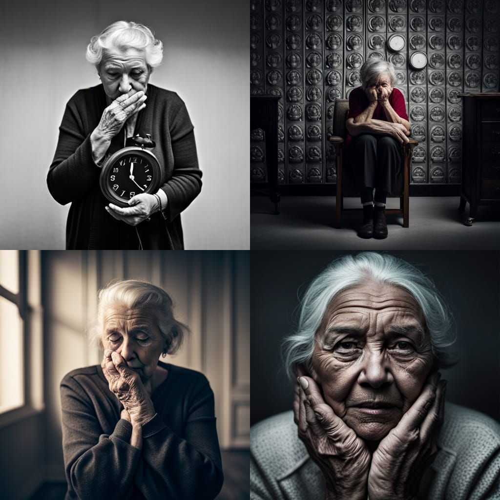 sad crying Elderly woman in a room of clocks, holding a clock ...