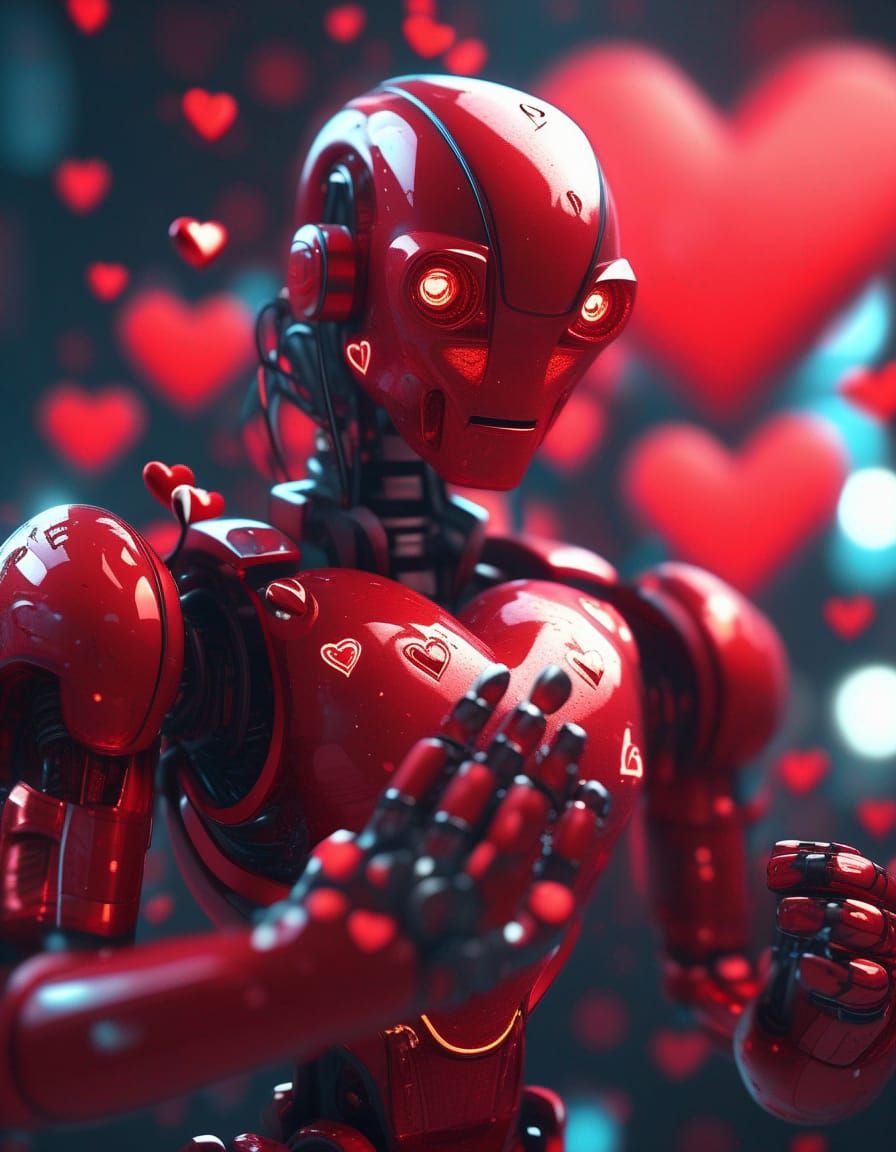 red robot holding a heart with lots of hearts around it, cyberpunk art ...
