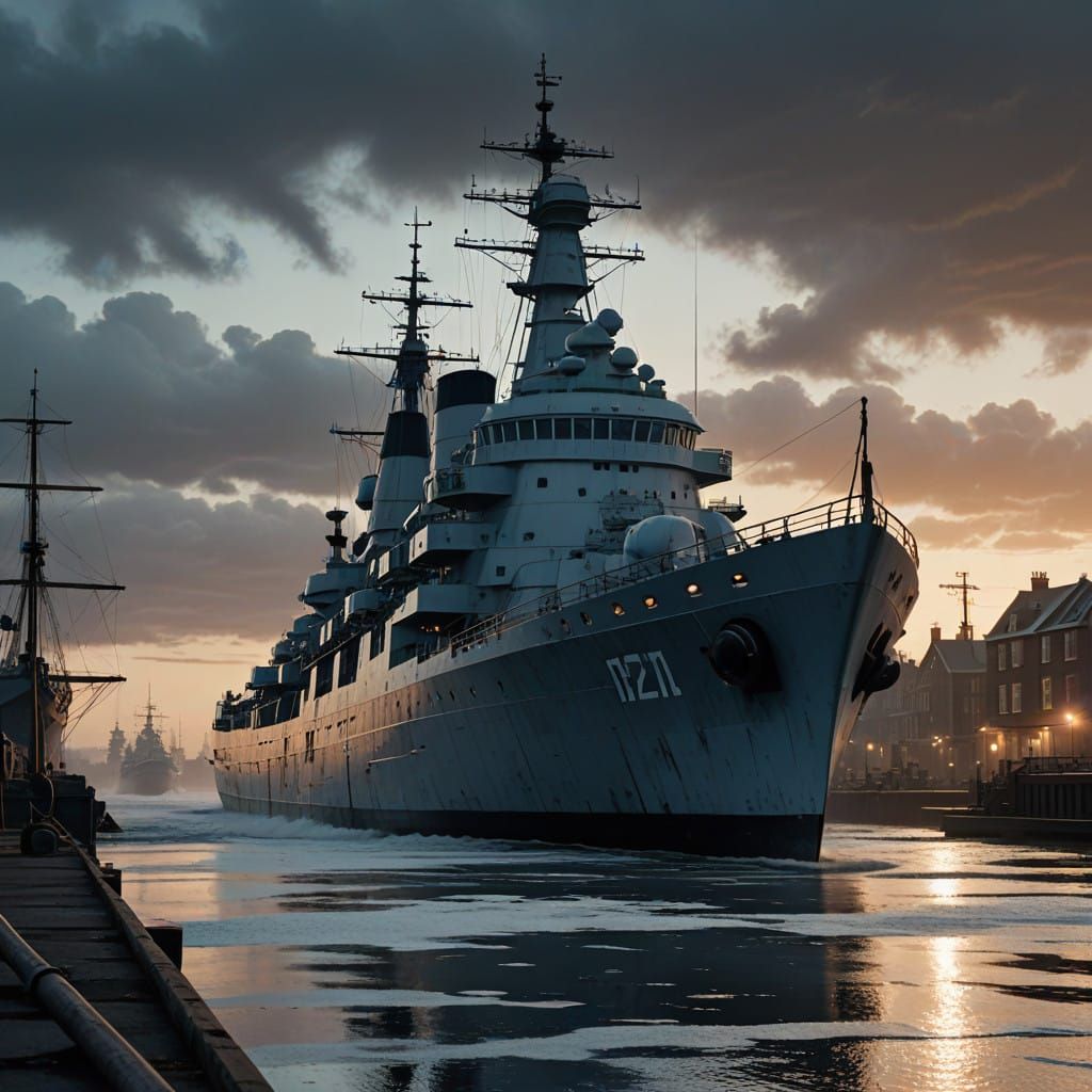 Majestic Town Class Cruiser Anchored at Dawn - AI Art