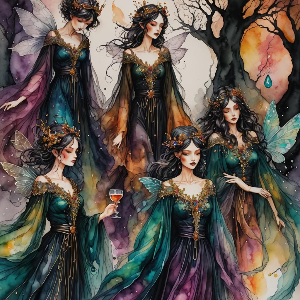 intricately detailed, alcohol ink illustration, dark fairies in flowing ...