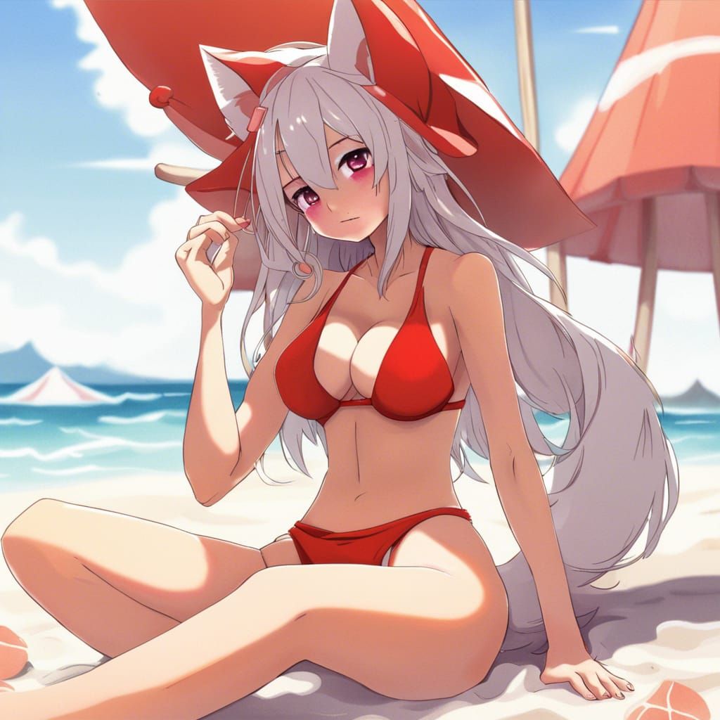 A kitsune in a red bikini relaxing on a beach - AI Generated Artwork - NightCafe Creator