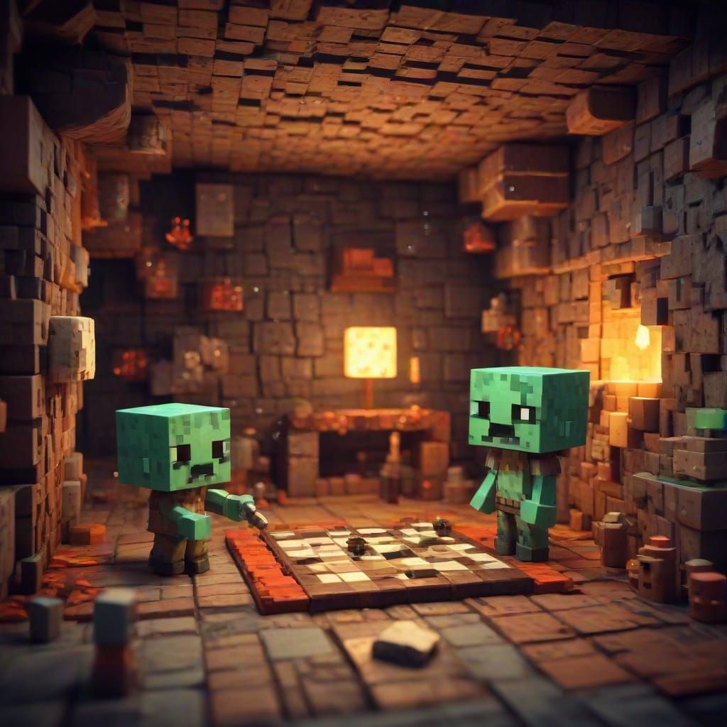 A Chess game in minecraft between a chibi creeper and a chibi zombie