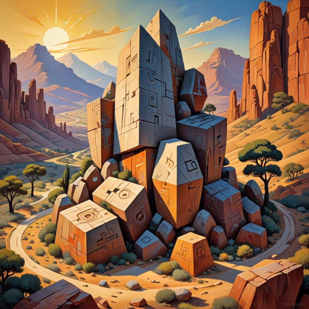 Surreal Monoliths Glow in Golden Sunset Light - AI Art