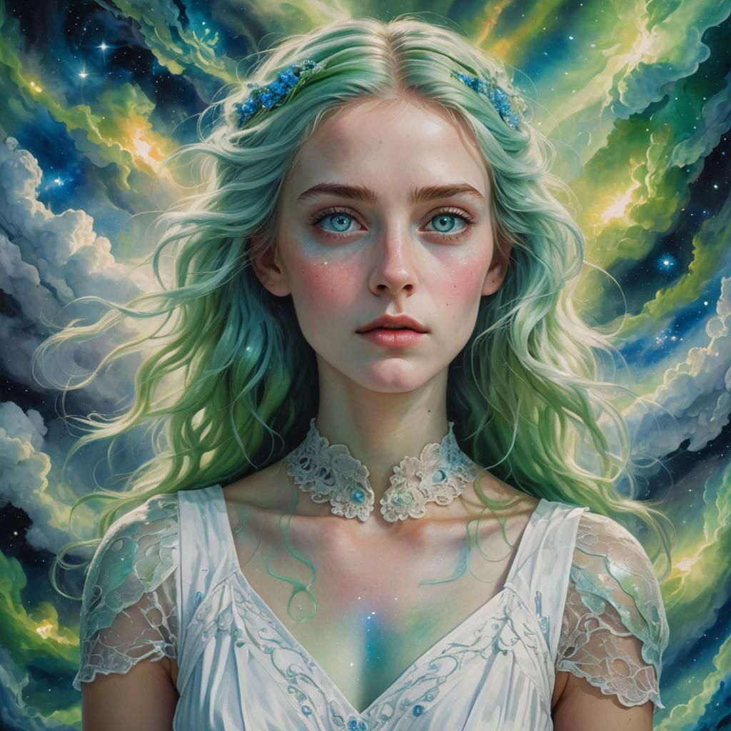 Ethereal Woman in Vibrant Nebulae Landscape, Oil P... - AI Art