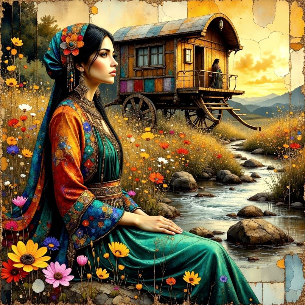 Exotic Gypsy Woman in Vibrant Wildflower Meadow - AI Art