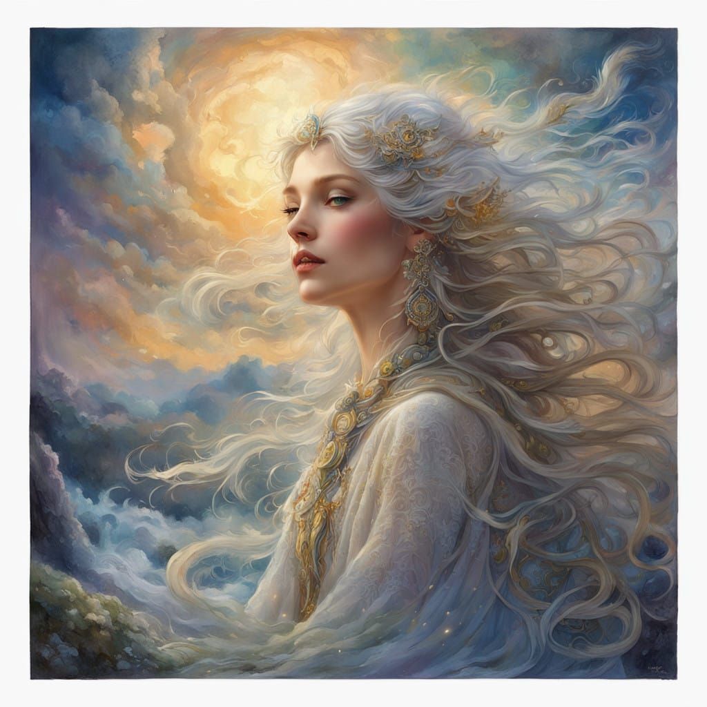 A close-up of a beautiful goddess of the wind stands with white hair ...