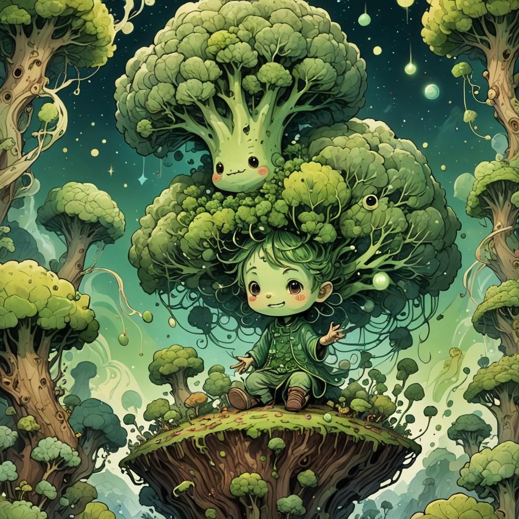 Adorable chibi broccoli farts laughing and farting green fog, Elegant flying, heavenly nebula ...