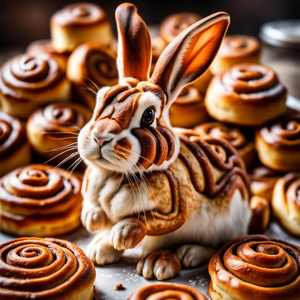 A rabbit made of cinnamon rolls. The background is a bakery - AI ...
