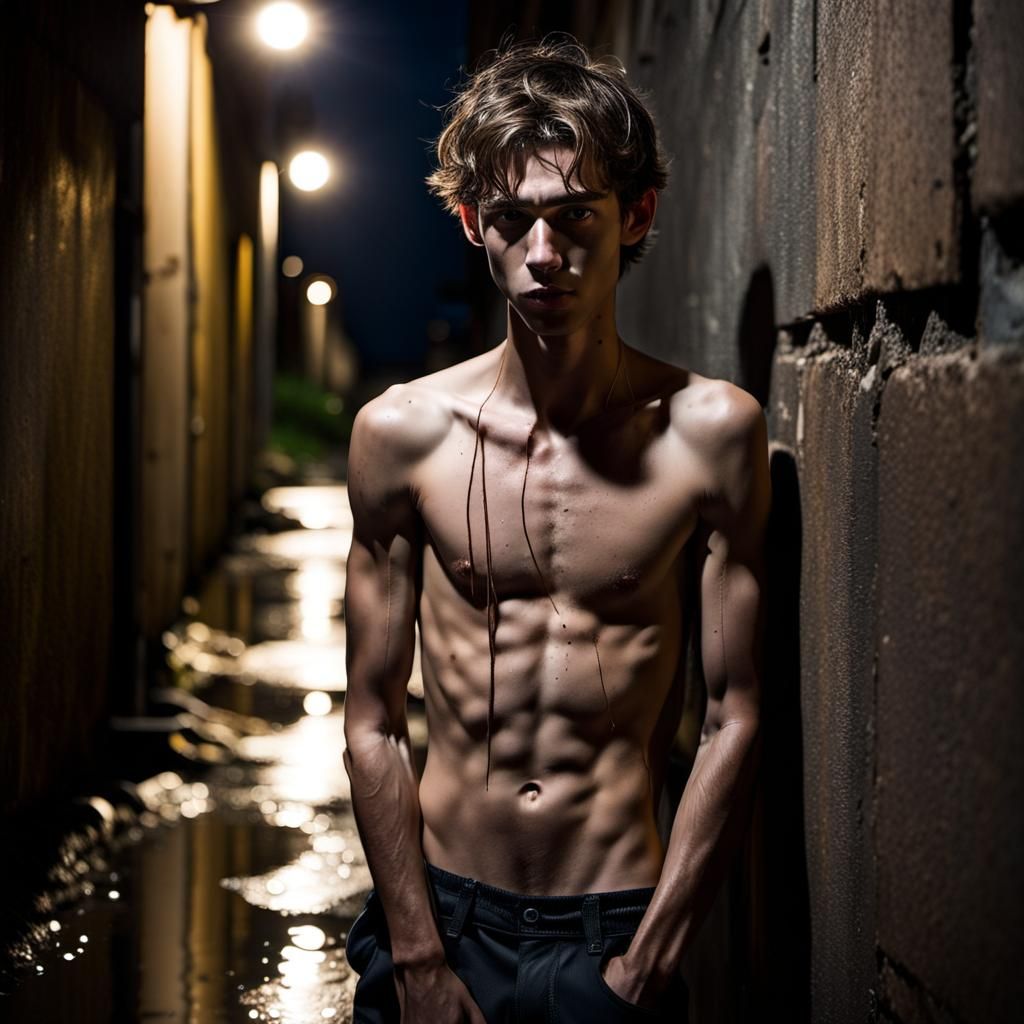 skinny dirty drug addict shirtless 18 year old male, (((leaning against ...