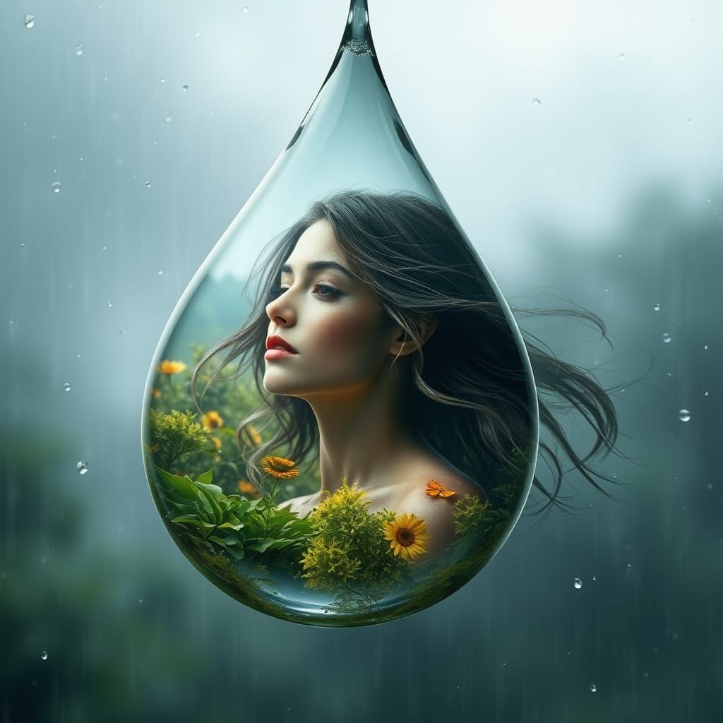 Ethereal Goddess Emerge from Raindrop in Dreamy, S... - AI Art