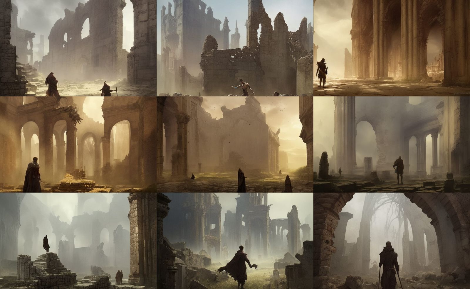 A man fading into dust, medieval fantasy, ancient ruins, painting by ...
