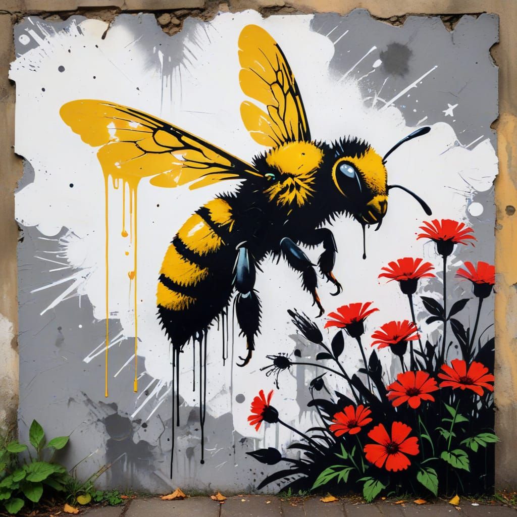 Banksy-Style Bee Mural in Vibrant Floral Garden - AI Art