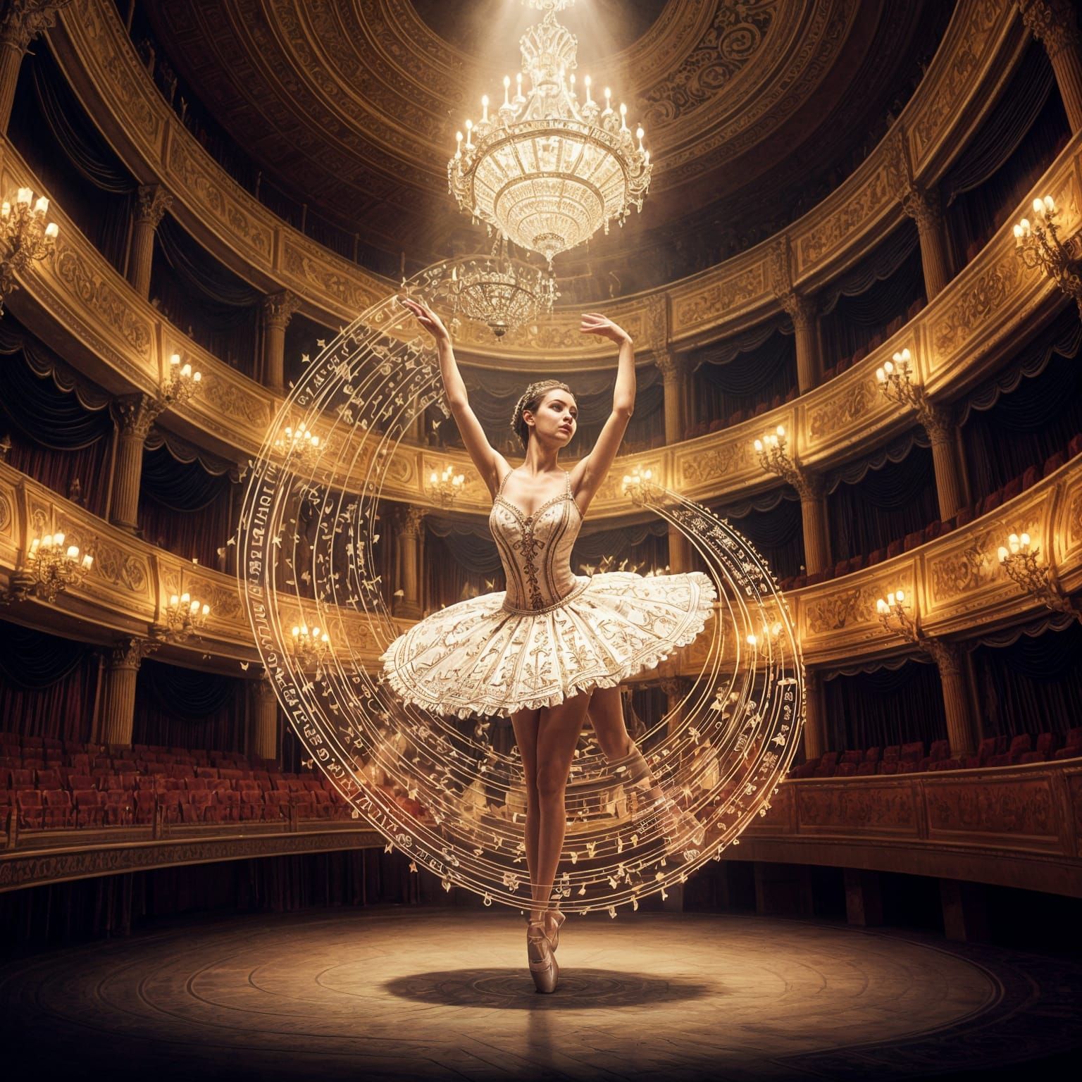 Epic Ballerina in Red Theatre with Treble Clef Dre... - AI Art