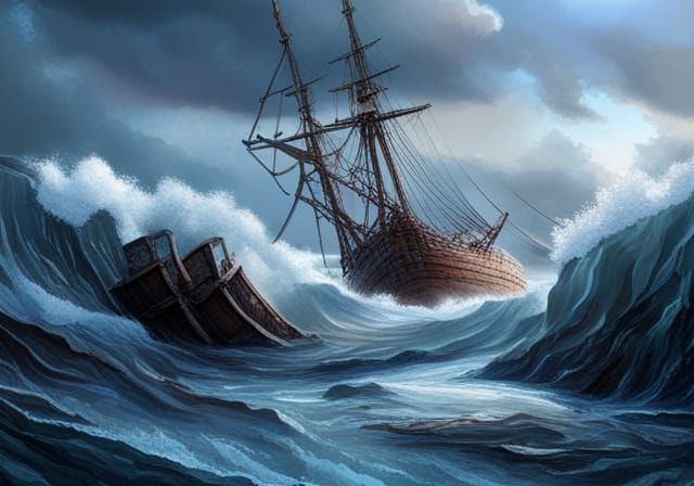 Pirate ship crashing into rocks in the high surf in a sea of red tide ...