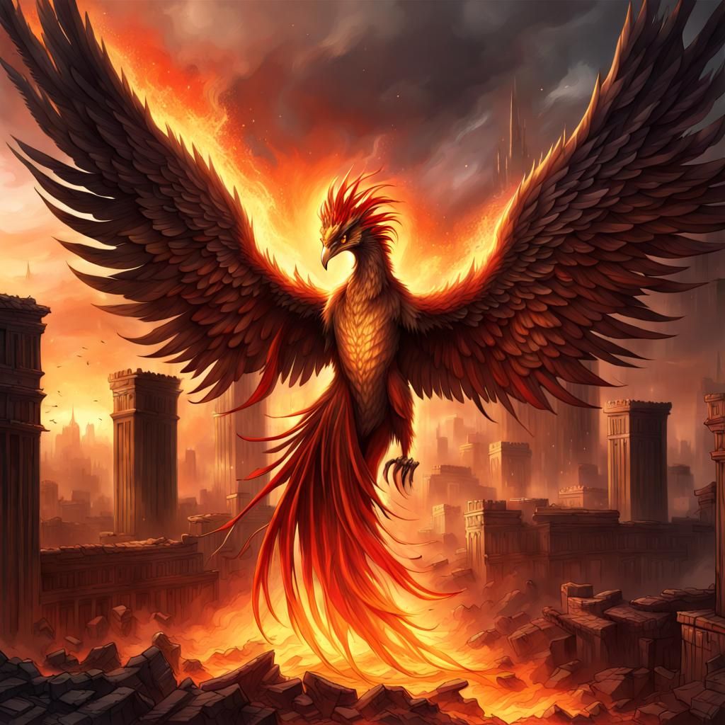 16K high-res gothic fantasy art. A phoenix rising from the ashes of a ...
