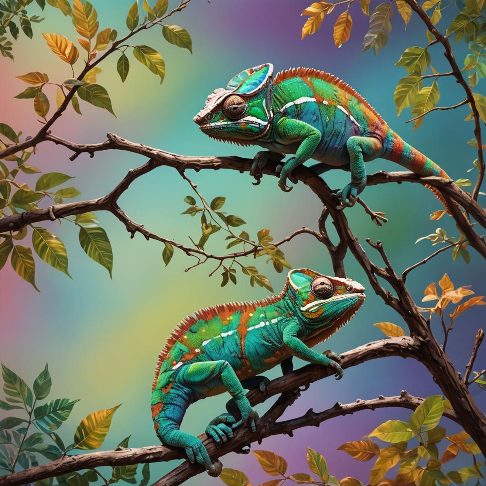 Create an image of a chameleon on a branch, capturing the moment it ...