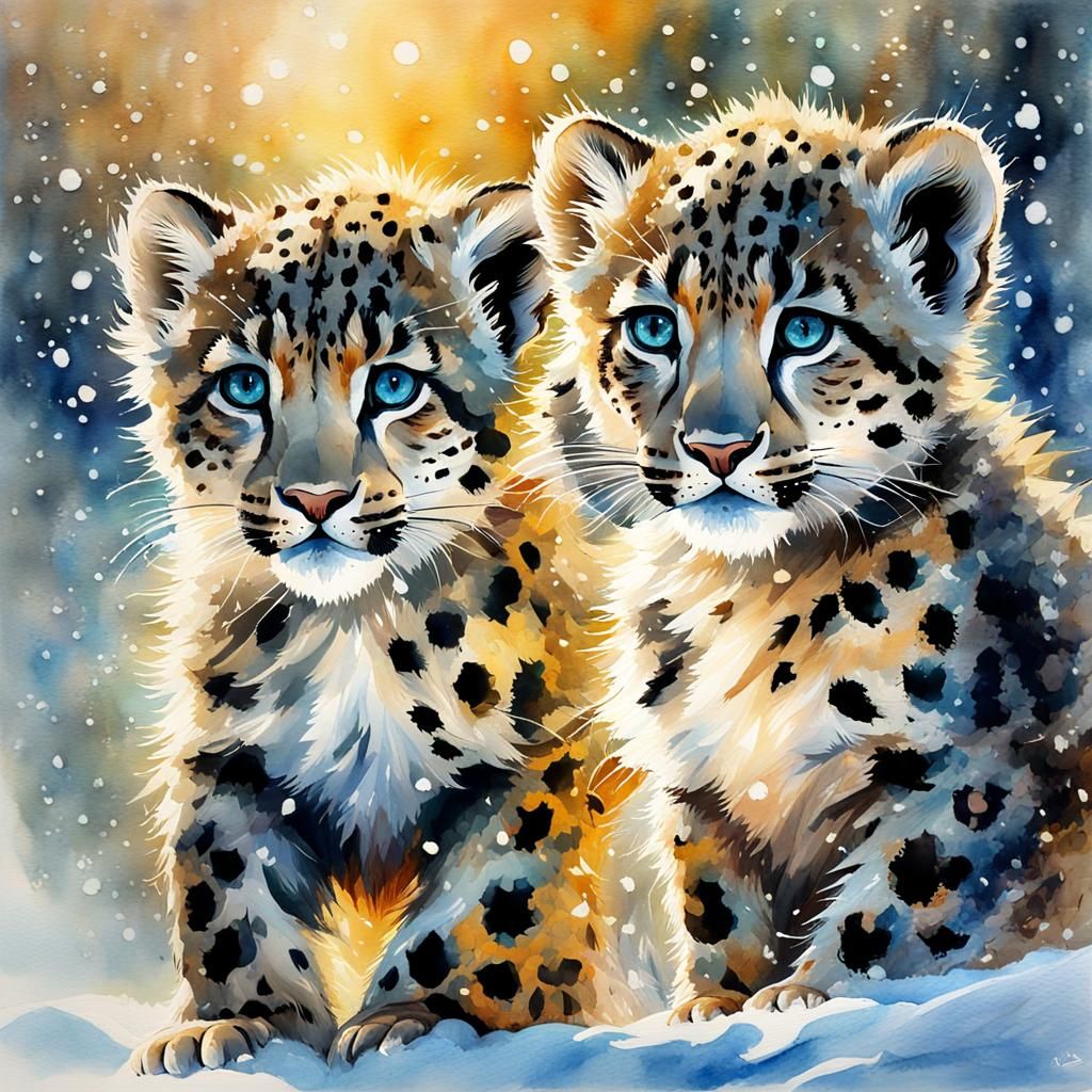 In watercolor two cute leopard cubs of a snow leopard in the snow - AI ...