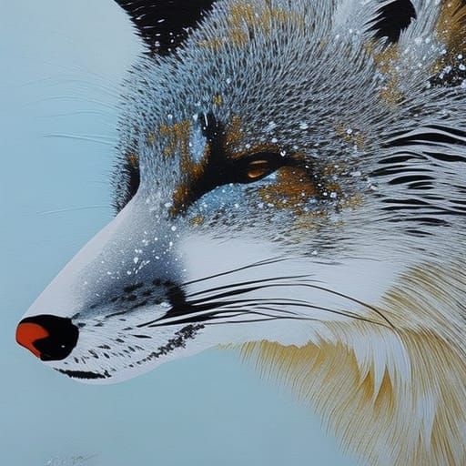 A white fox in the glimmering snow in the sun shine. High resolution ...