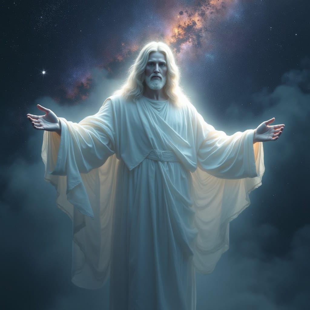 In the infinite expanse of outer space, a faint, ethereal apparition ...