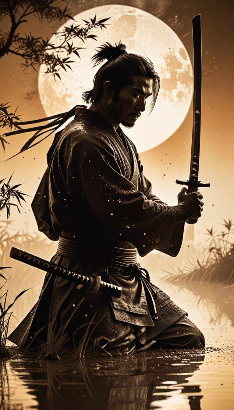 Magnificent, inksplash closeup portrait of japanase samurai training ...