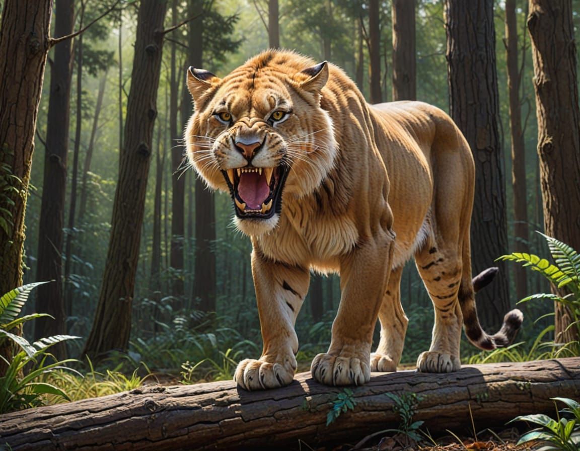 Smilodon - Majestic Smilodon in Prehistoric Forest