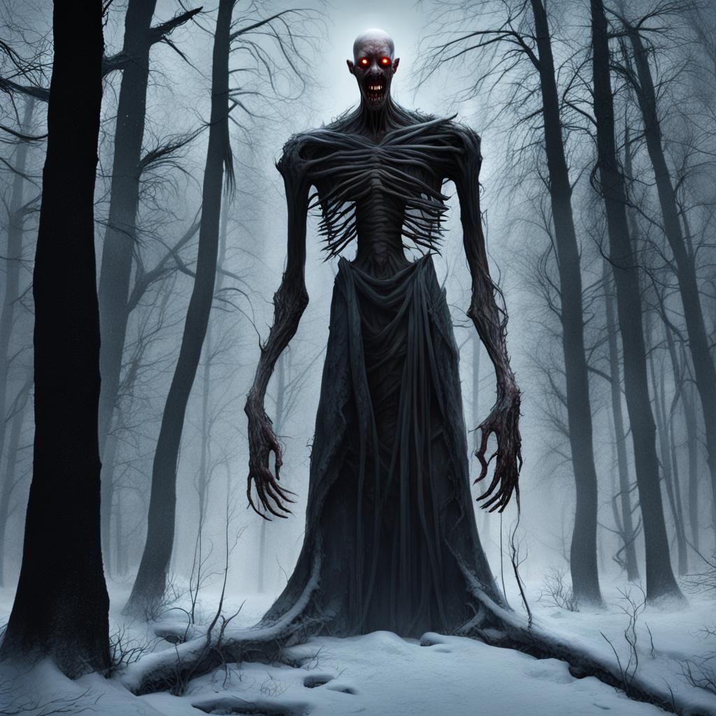 An emaciated bald wraith, tall as trees, with long limbs, glowing eyes ...