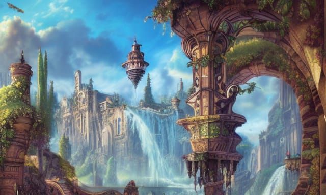 Winery chateau and waterfall gorge confrontation climax elaborate matte ...