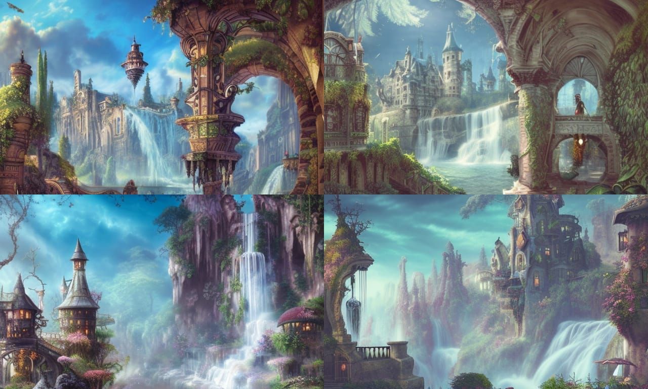 Winery chateau and waterfall gorge confrontation climax elaborate matte ...