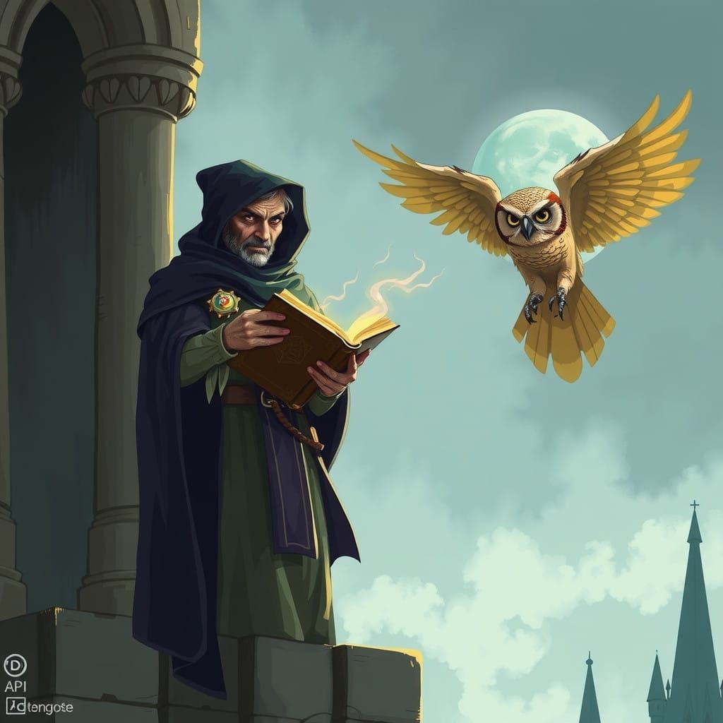 Mystic Wizard Standing on a Tower's Balcony with a... - AI Art