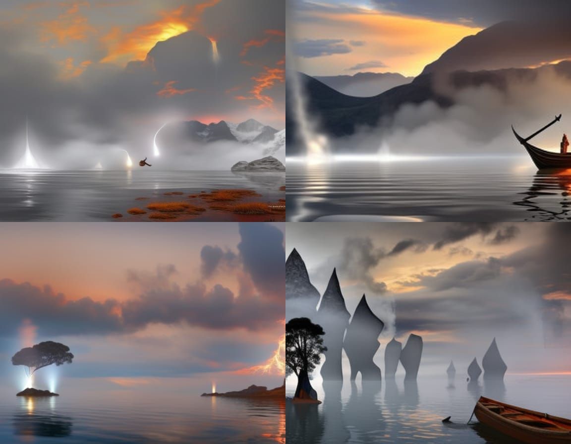 Mysterious glowing humanoid figures in flowing layered gowns, floating ...