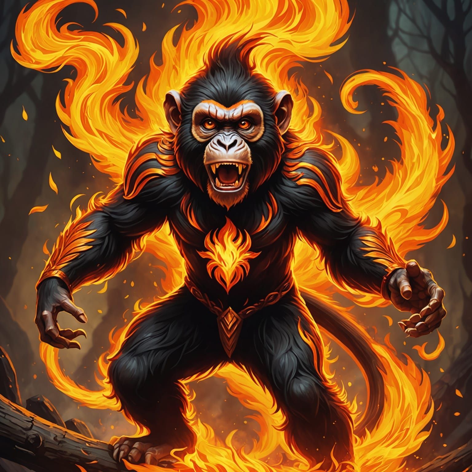 Design an image of a fire monkey, a mythical creature that embodies ...