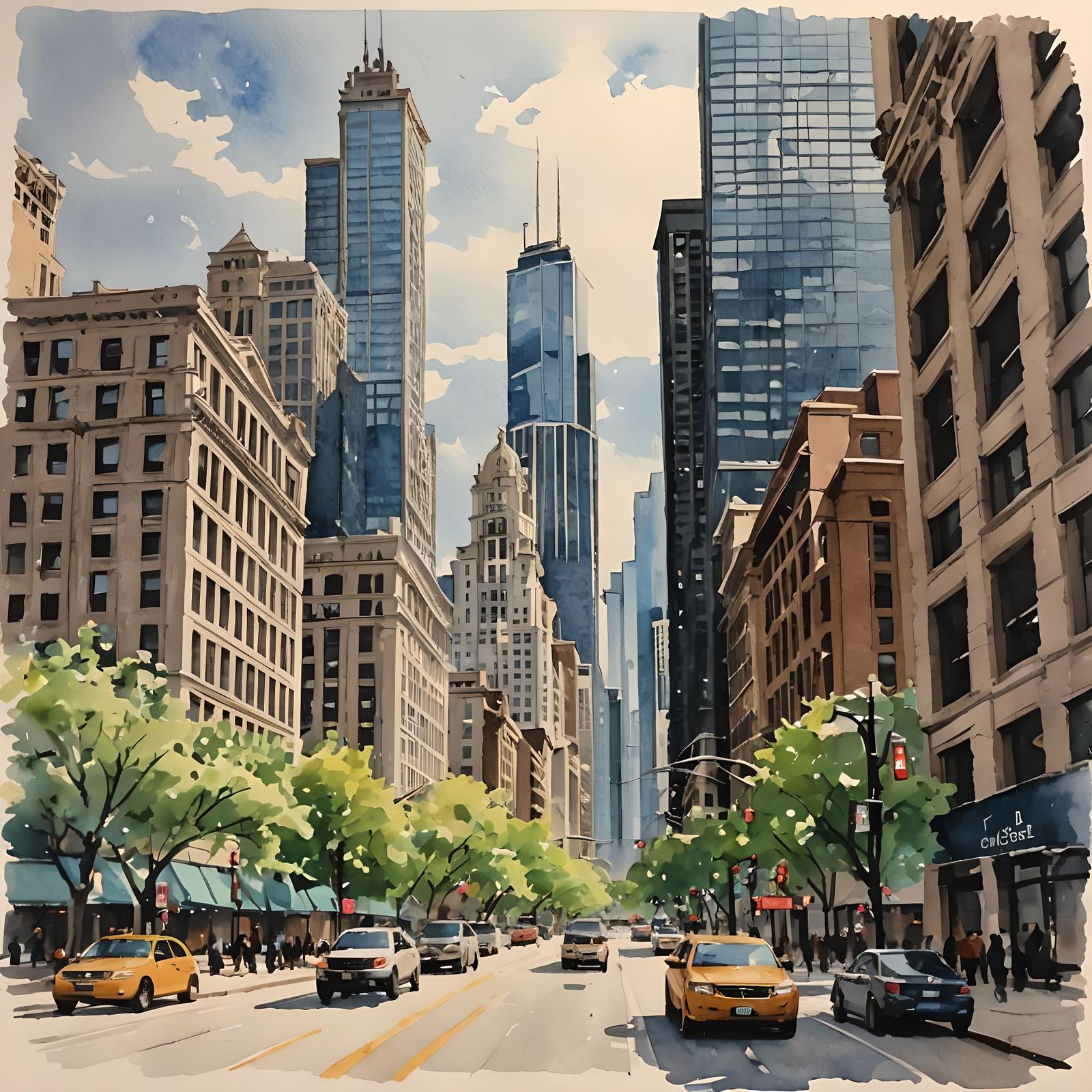 Downtown Chicago, watercolor - AI Generated Artwork - NightCafe Creator