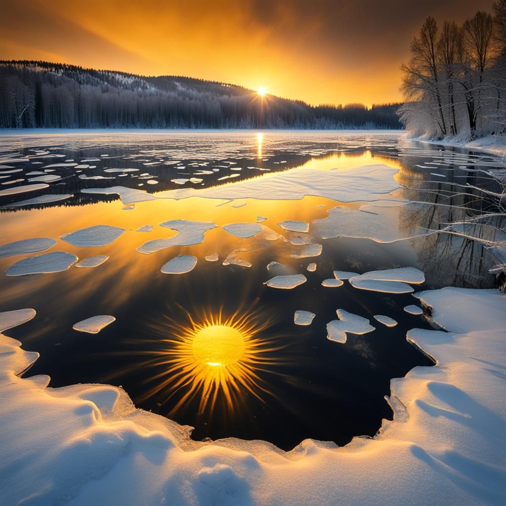 Sun symbol is reflecting warm yellow light under the ice cover of the ...