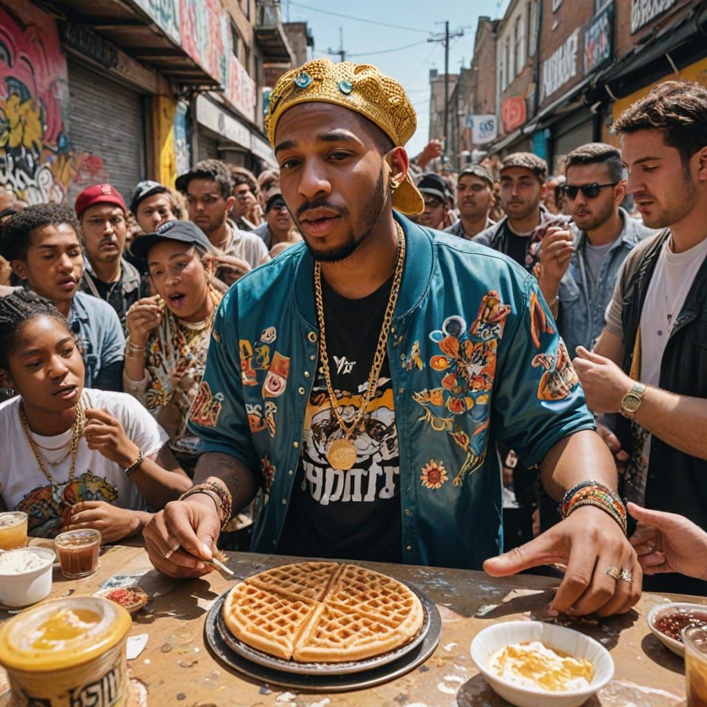 the jewish rapper eating waffle and his fans looki... - AI Art
