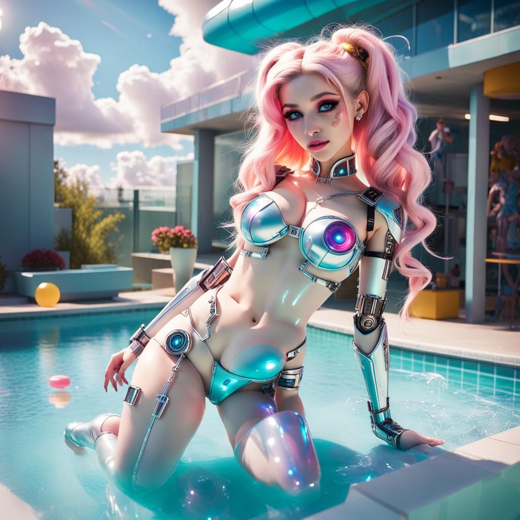 ample bosoms, full body, young Belle Delphine mixed with the cyborg girl Tilly Lockey in skimpy ...