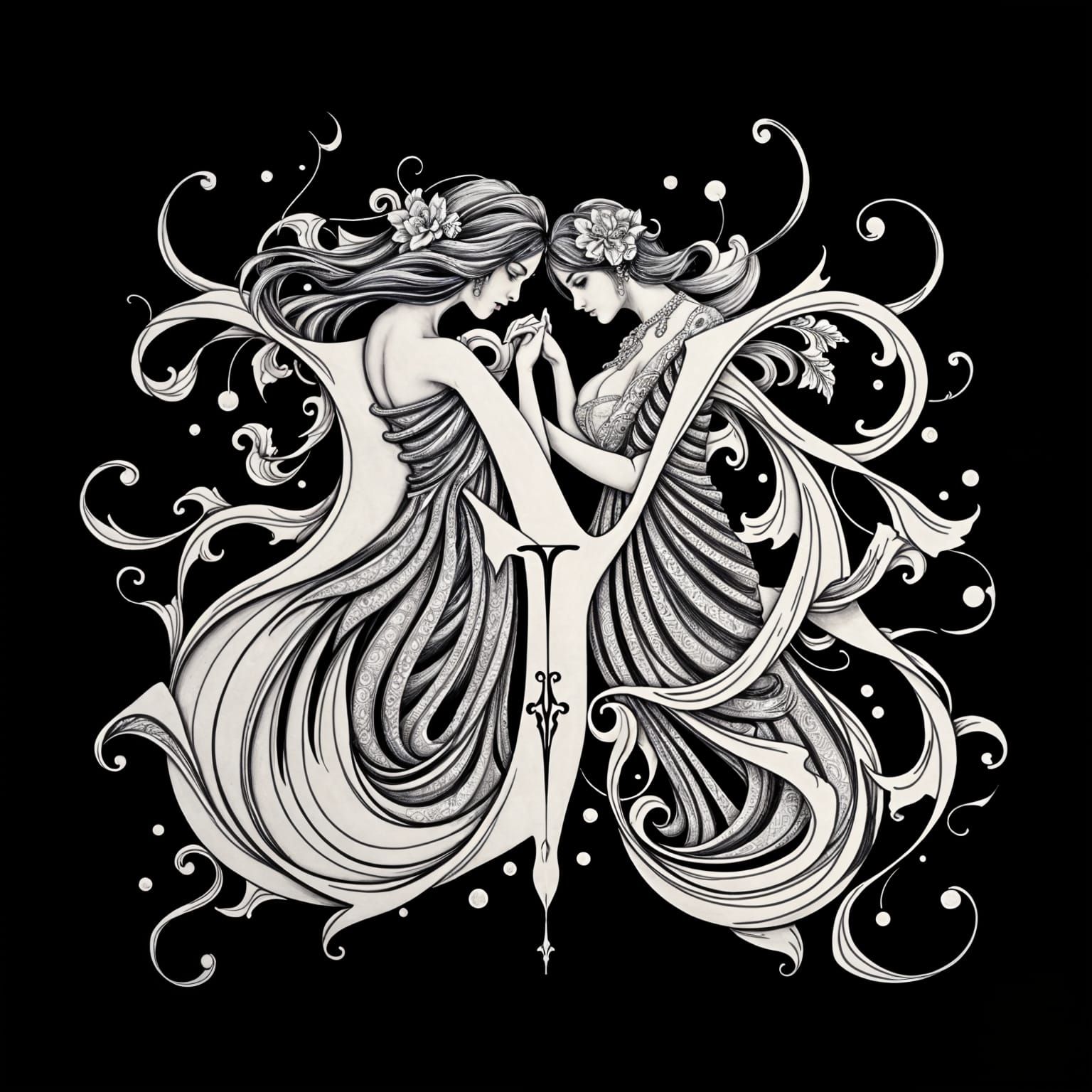 Surreal Art Nouveau Monogram in Dark Beardsley Ink... - AI Art