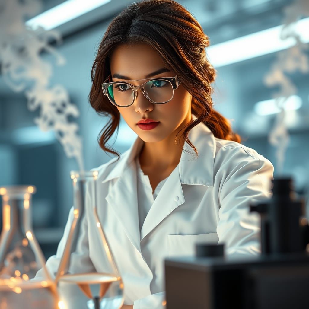 Gorgeous Asian inventor with brown hair working in a laboratory on a chemistry research project