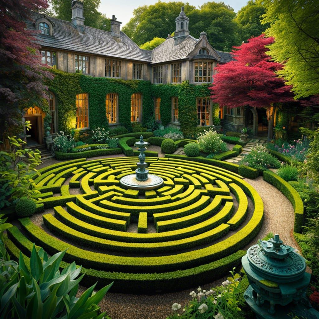Garden labyrinth outside an English manor - AI Generated Artwork ...
