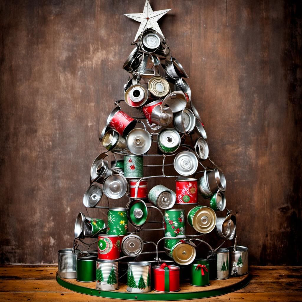 Unconventional Christmas tree, created from recycled materials, such as ...