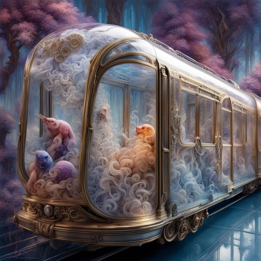 a fully transparent Majestic glass tiny_train, award winning, concept ...