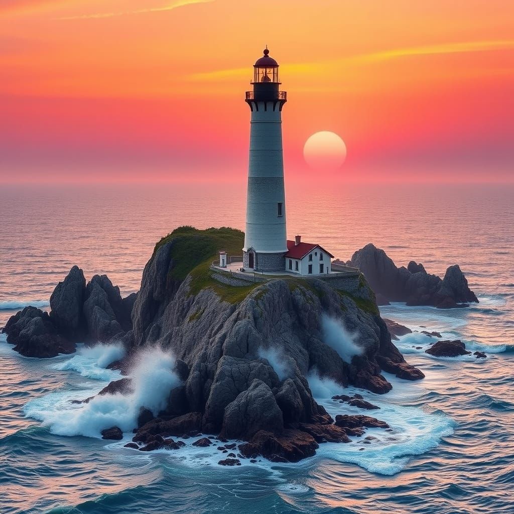 Hyper-Realistic Sunset Lighthouse Scene - AI Art