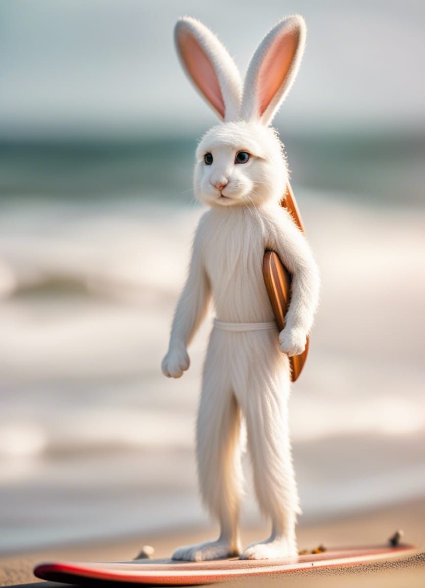 The shaggy surfer dude white rabbit standing on the beach with his long ...