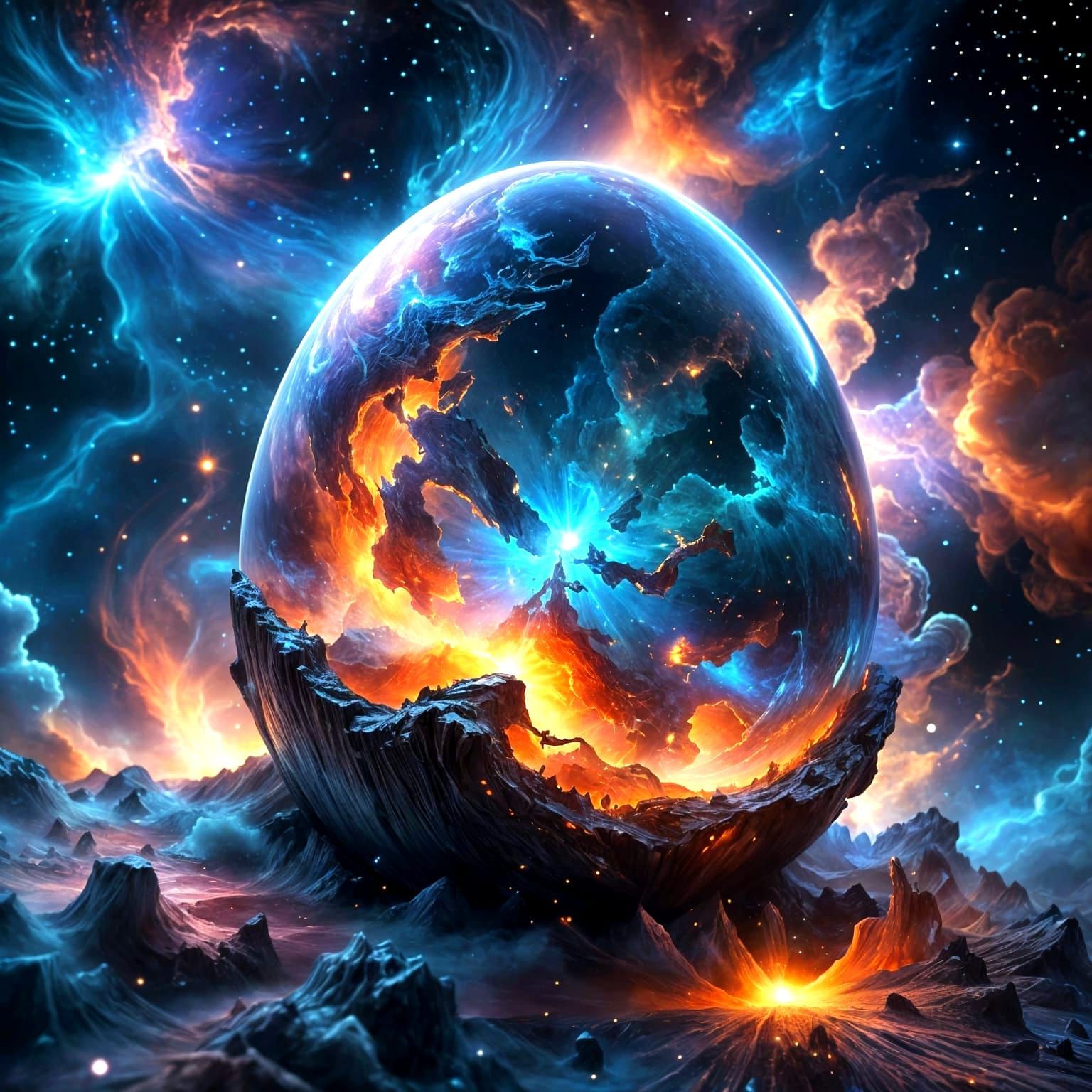 Abstract Egg Design, Hatching of a cosmic planet egg