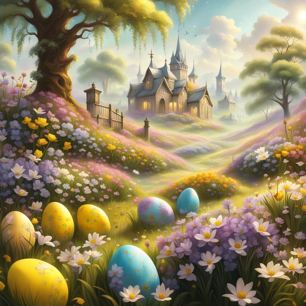 A Pretty Field Of Easter Flowers and large Painted Easters Eggs Epic ...