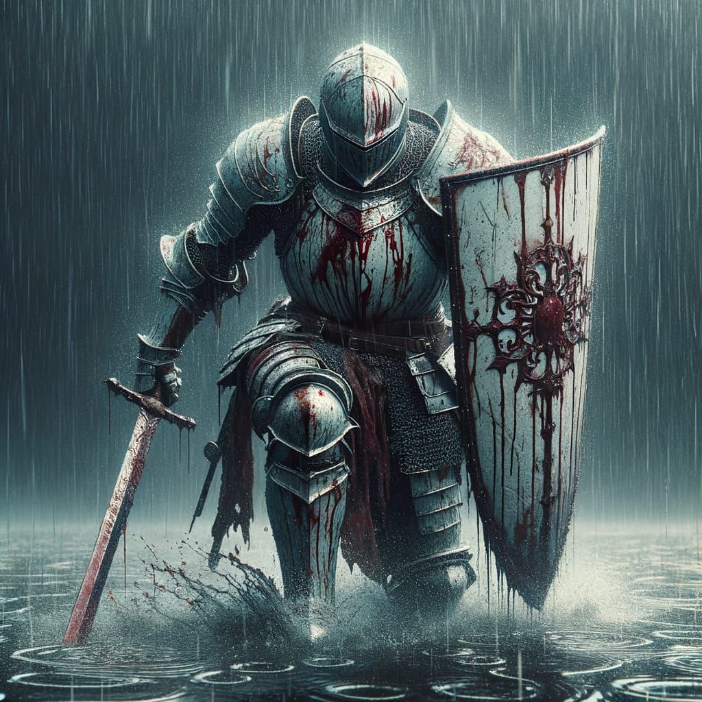 A Blood-Stained Knight Walks Through a Torrential ... - AI Art