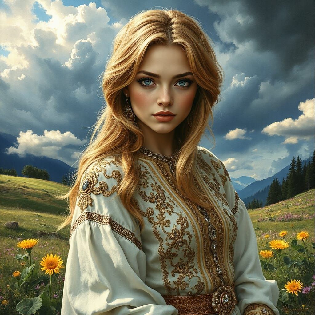 Alpine girl - Woman in Alpine Meadow, Dark Fantasy Art
