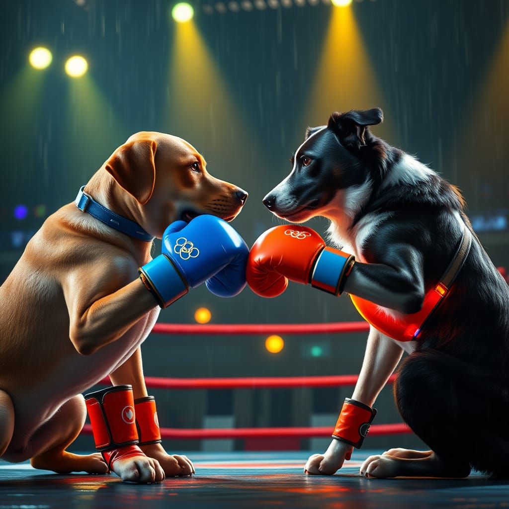 a tan Labrador dog and black and white border collie competing against each other at the Boxing ...