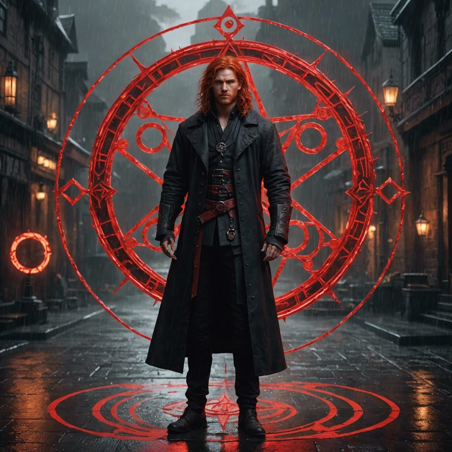 medium-long red haired male alchemist, standing in front of a red ...